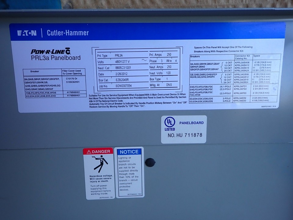 EATON PRL3A Panelboard 250 amp Main Lug 480 volt 3 Phase Indoor ...