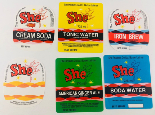 Vtg Lot of 6 "She" Pop Soft Drink Bottle Label Carbonated Mixed ...