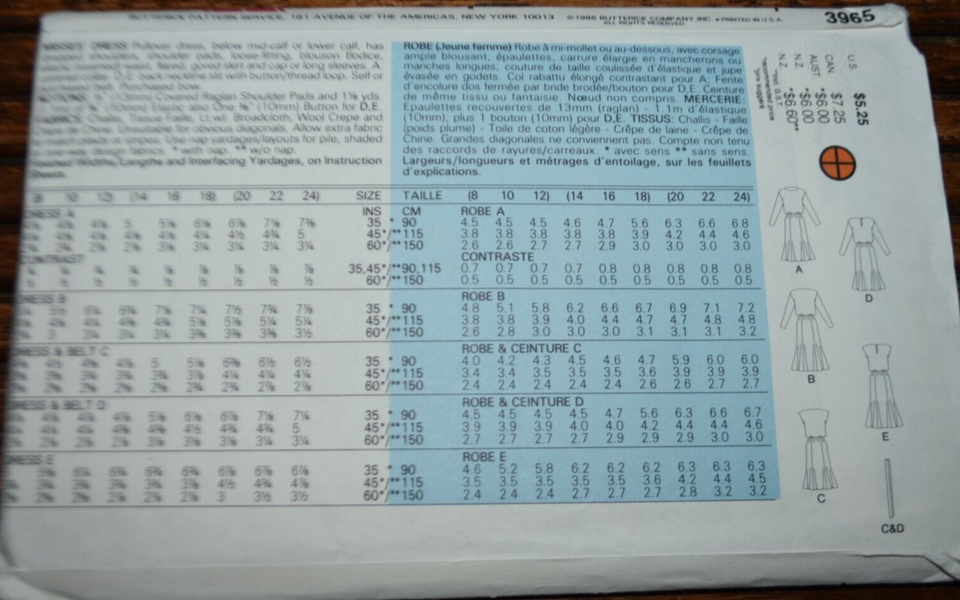 Butterick 3965 Pattern Pullover Dress w/ Elastic Waist Misses Sz 20 22 ...