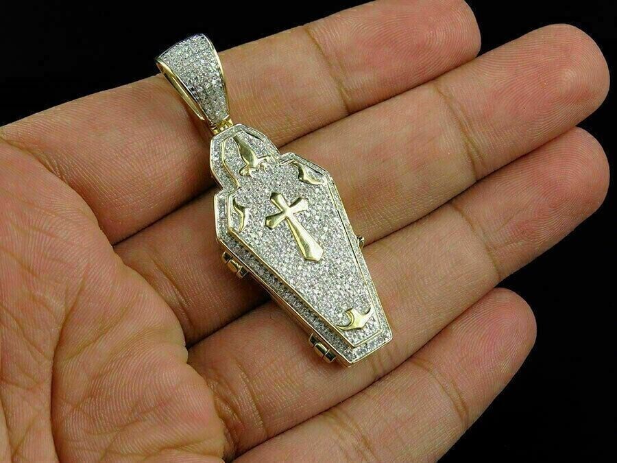 2Ct Round VVS1 Moissanite RIP Box Casket Pendant 14K Yellow Gold Silver ...