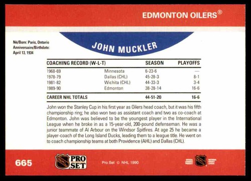1990-91 PRO SET JOHN MUCKLER #665 | eBay