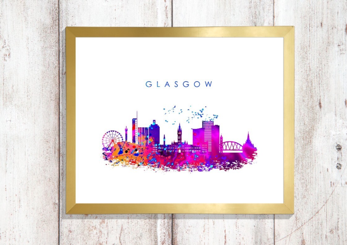 GLASGOW SKYLINE PRINT a4 gloss Picture unframed WATERCOLOUR WALL ART 3 ...