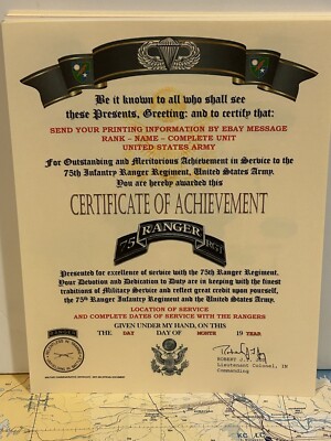 U.S. ARMY - 75TH RANGER REGIMENT / CERTIFICATE OF ACHIEVEMENT | eBay