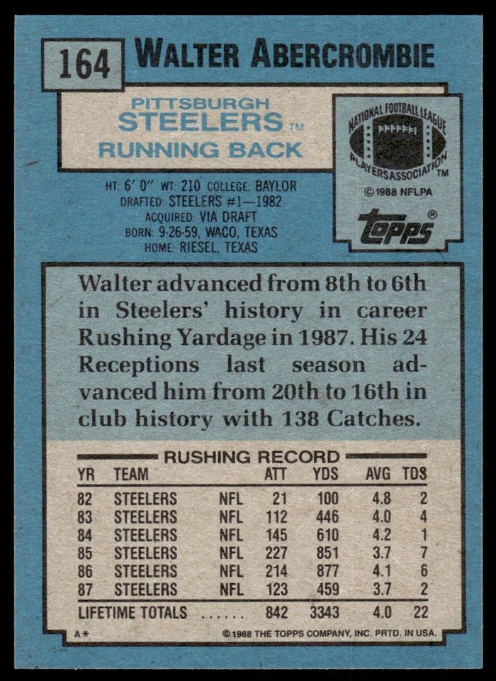 1988 Topps 164 Walter Abercrombie Pittsburgh Steelers Football Card ...