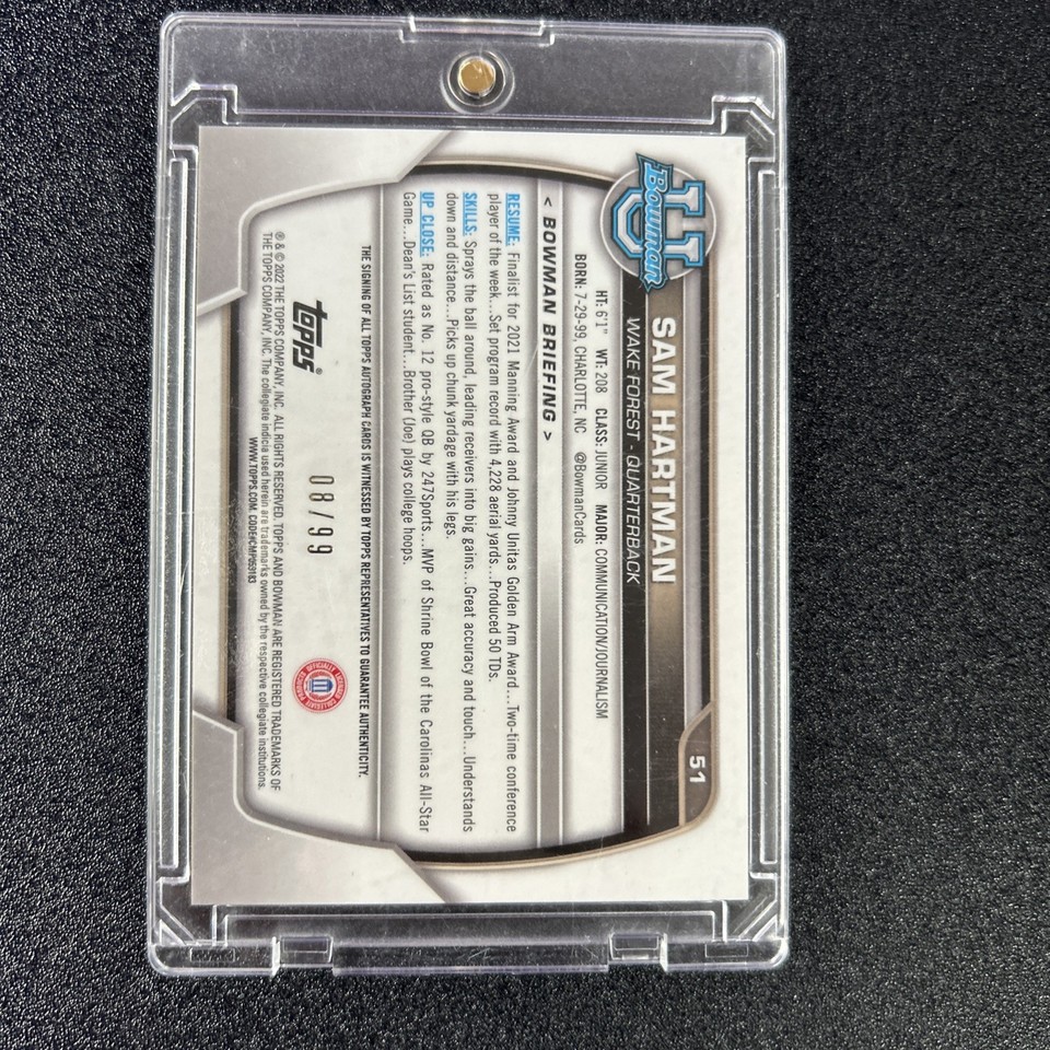 Sam Hartman Green /99 2022 Bowman University Chrome Wake Forest AUTO | eBay