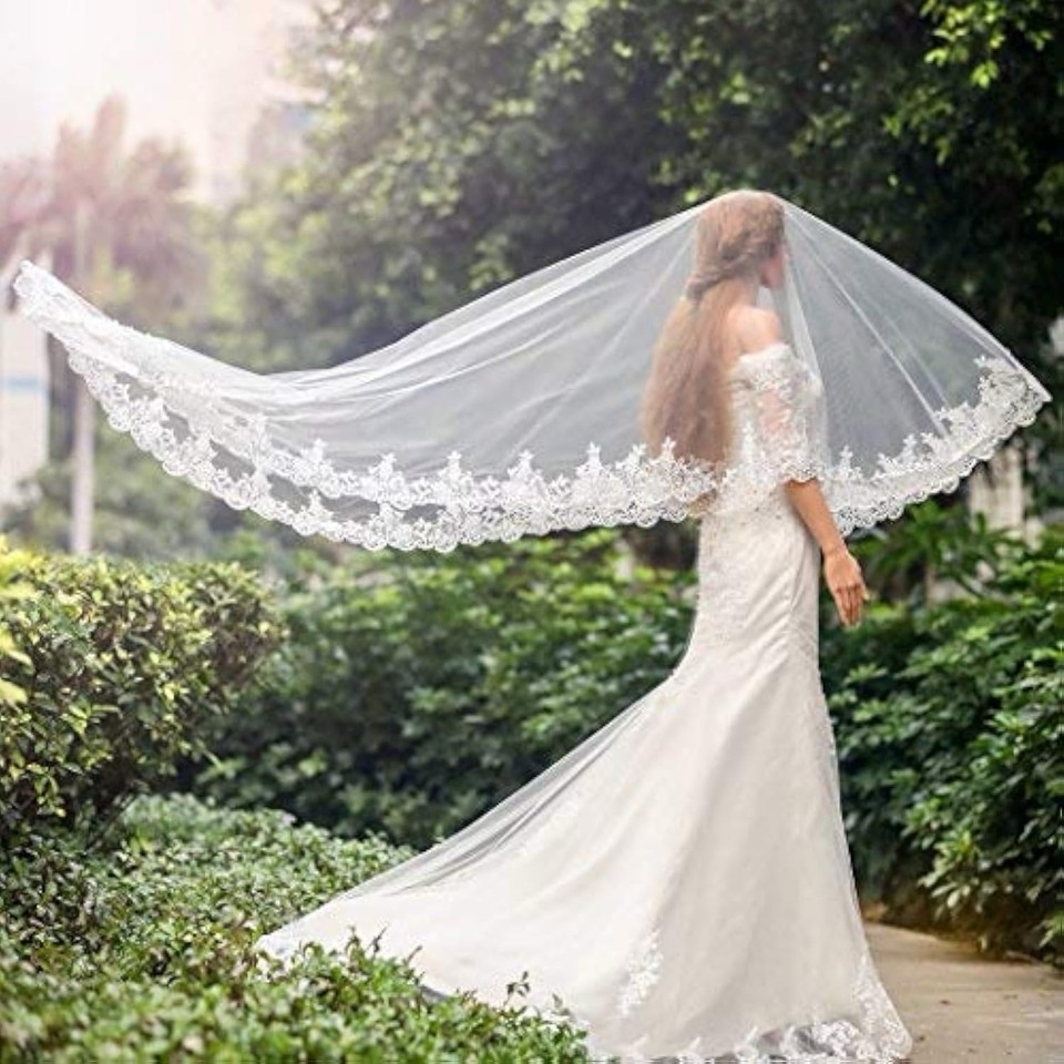 Wedding Bridal Veils Long Veil with Lace and Metal Comb At The ...