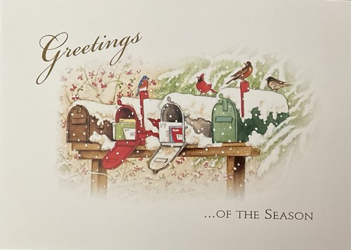 Vtg Christmas Greeting Card Colorful Mailboxes Full Of Xmas Cards Birds ...
