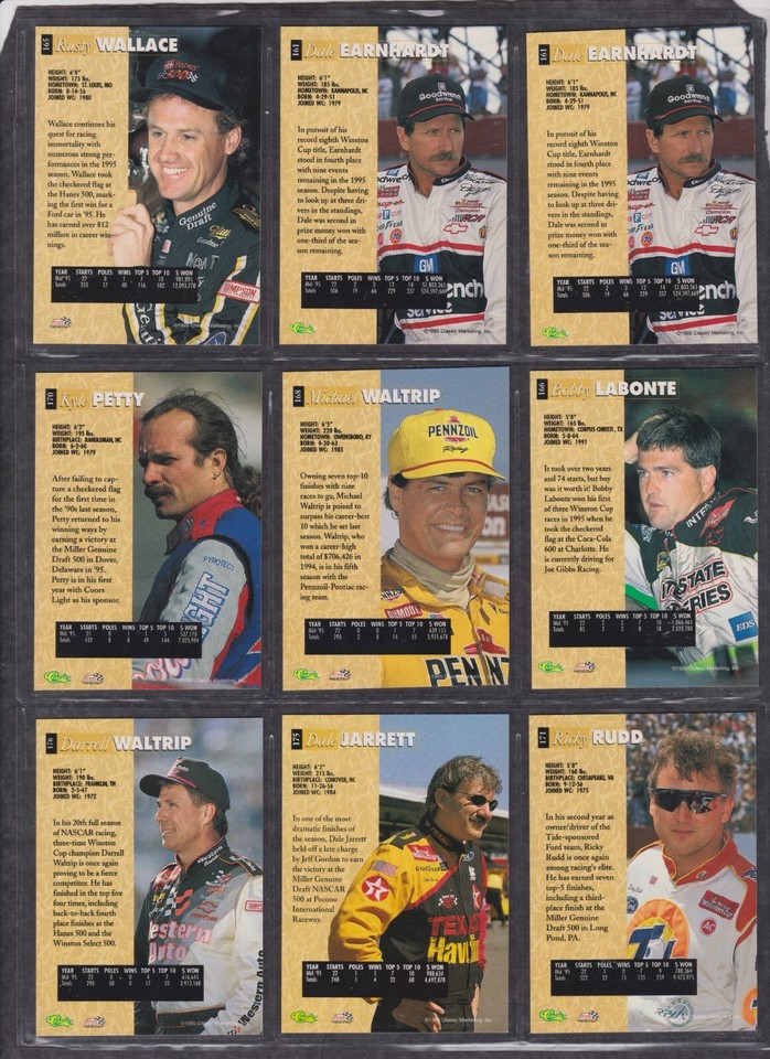 1995 Classic 5 Sport Lot of 9 NASCAR Race Drivers NMMT Wallace ...