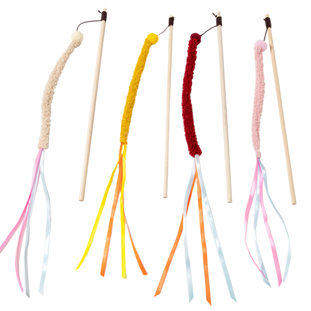 4pcs With Worm Bell Cat Wand Toy Accessories Kitten Training Colorful ...