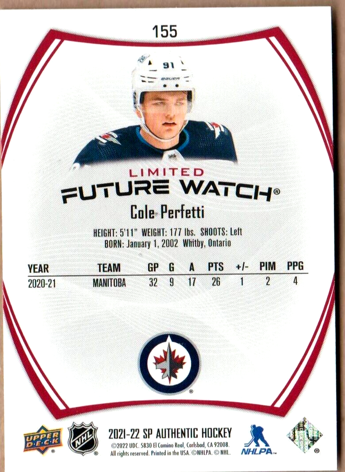 COLE PERFETTI RC 2021-22 SP AUTHENTIC LIMITED RED FUTURE WATCH ROOKIE ...