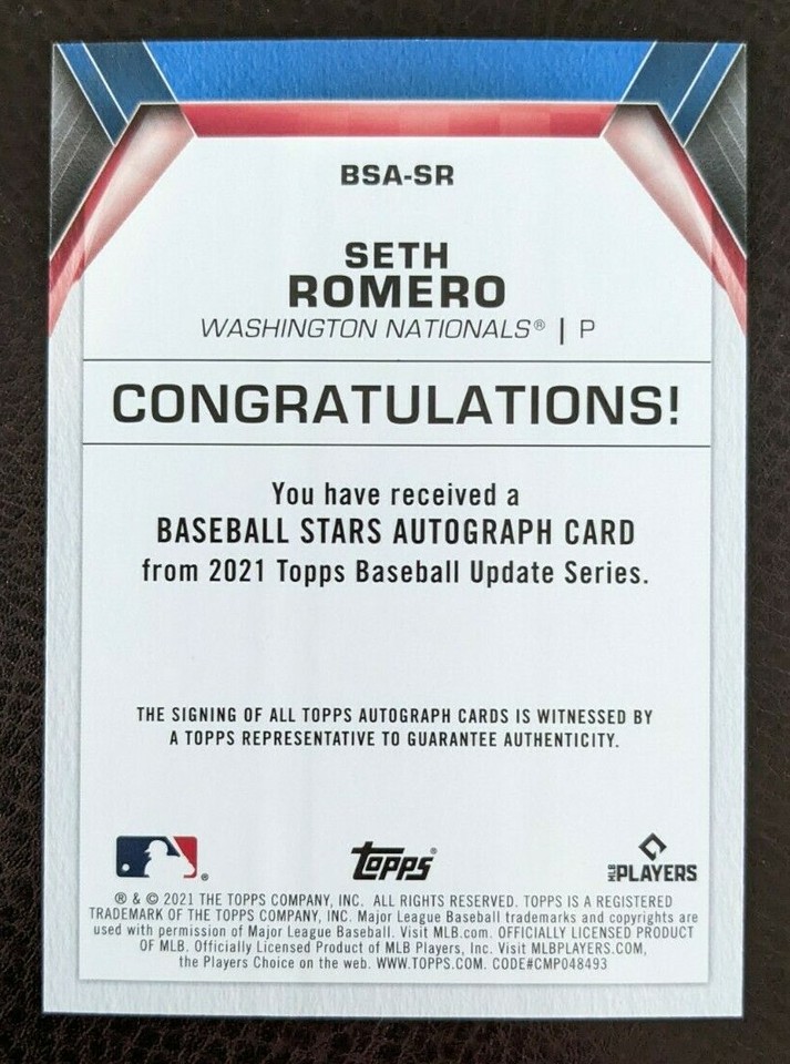 SETH ROMERO RC 2021 Topps Update Baseball Stars Autographs BSA-SR ...