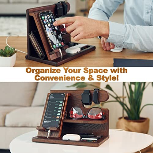 Wooden Docking Station Key Wallet Stand Watch Phone Charging Dock Desk ...