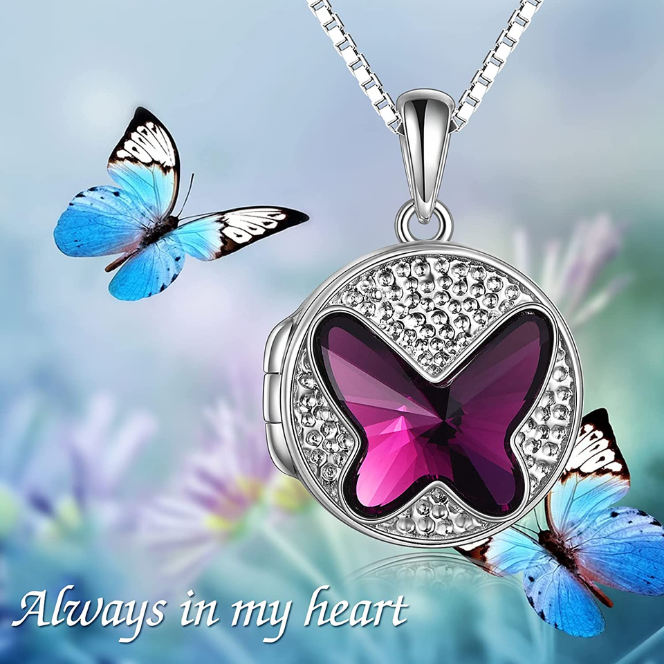 Locket Photo Necklace Sterling Silver PURPLE Butterfly Crystal Necklace ...