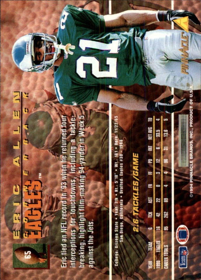 1994 Pinnacle Football Card #65 Eric Allen | eBay