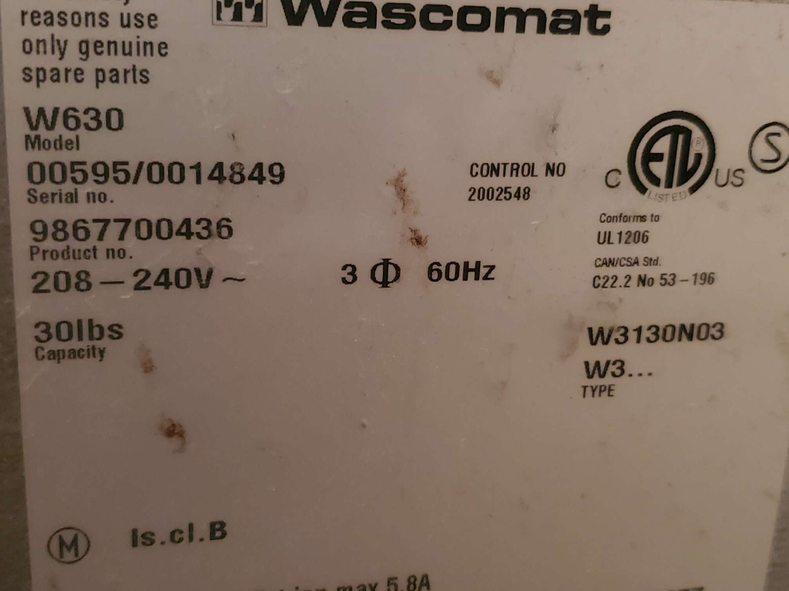 Wascomat W630 FRONT LOAD WASHER COIN OP 30LB 208-240V [REF] | eBay