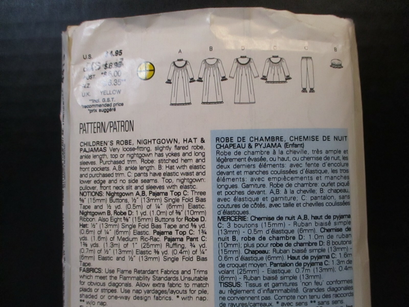 Butterick Pattern 4413 Girls Size 5-6-6X Robe Nightgown Hat Pajamas Cut ...