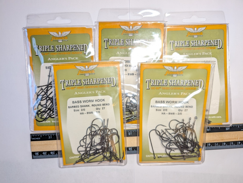 5 LOT FENWICK TRIPLE SHARPENED BASS WORM 27 HOOKS BARBED SIZE 2/0 HIGH ...