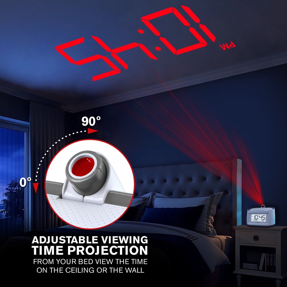Projection Dual Alarm Clock with 8 Soothing Sleep Sounds, Easy to Read ...