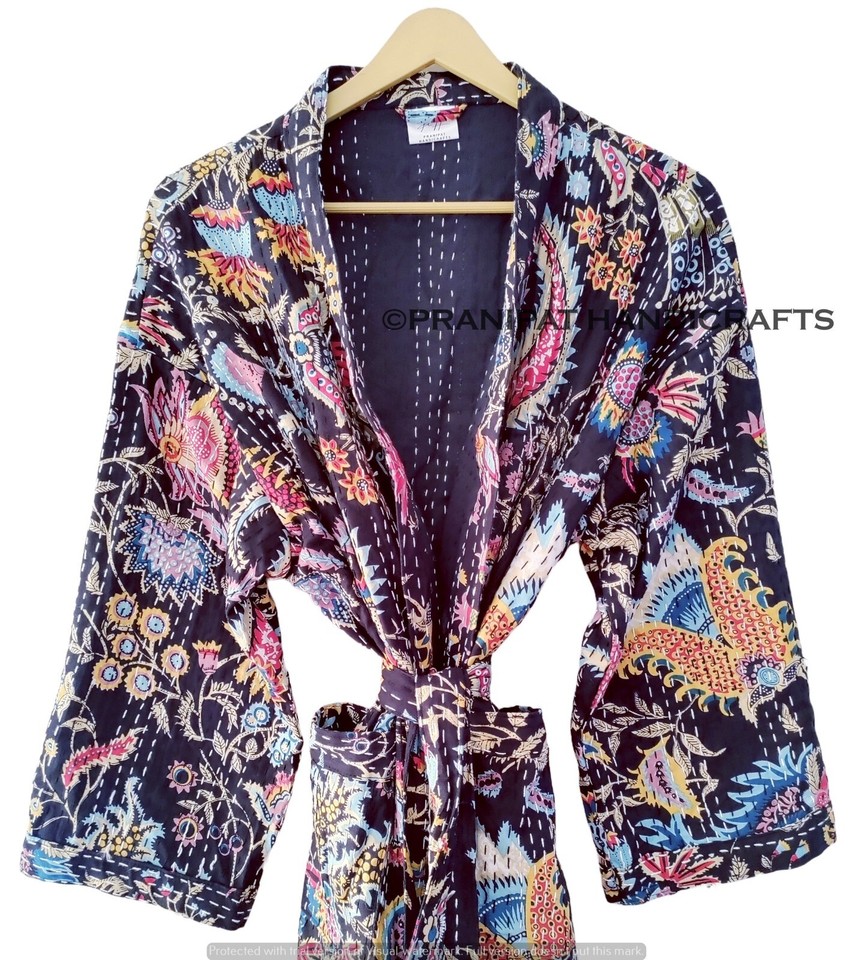 Indian Mukat Print Black Kantha Quilted Hippie Jacket Front Open Wear ...