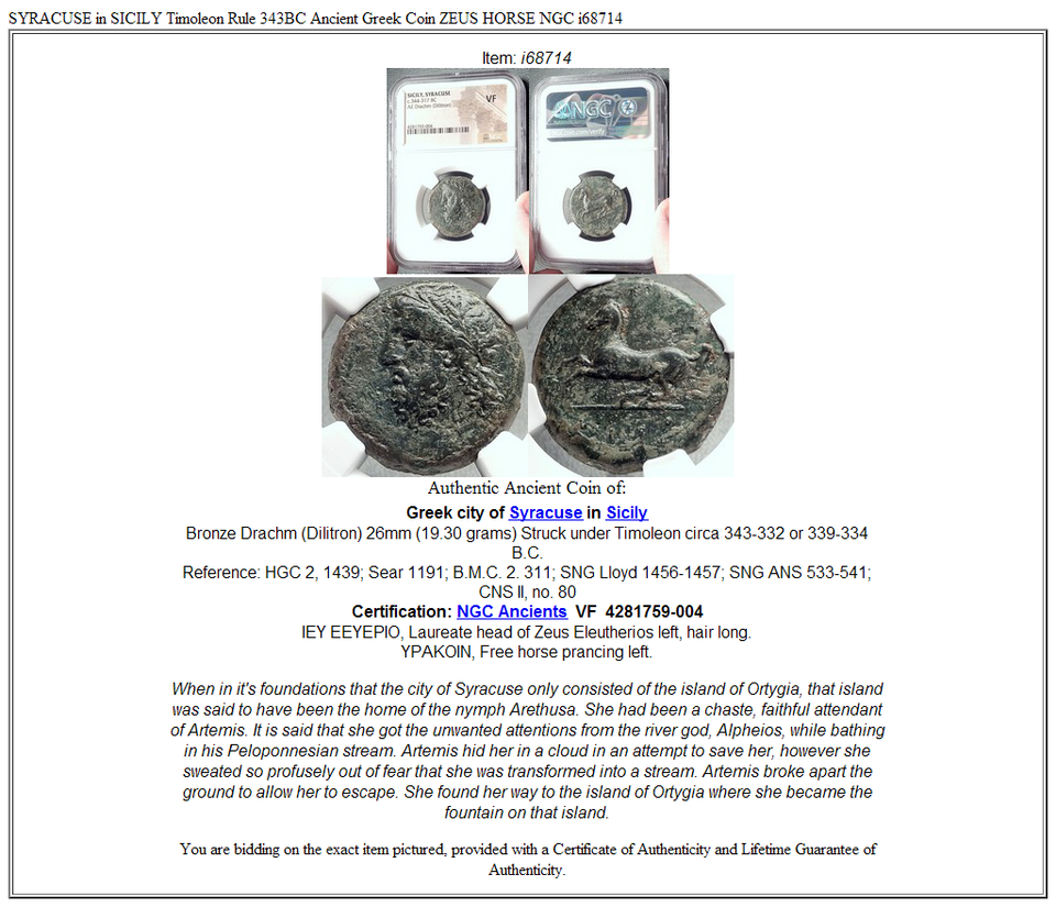 SYRACUSE in SICILY Timoleon Rule 343BC Ancient Greek Coin ZEUS HORSE ...