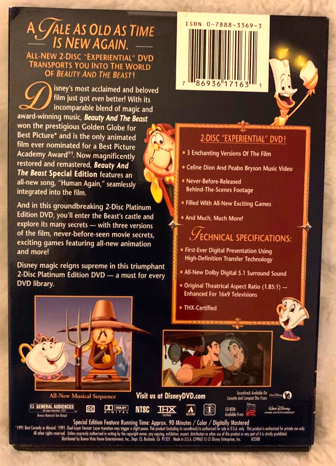 Beauty and the Beast [DVD, 2-disc, Disney, 2002] Platinum Edition w ...