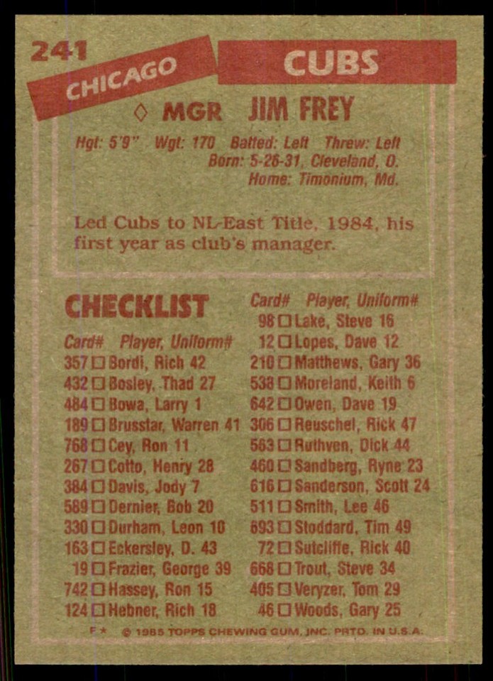 1985 Topps: Jim Frey Baseball Cards #241 | eBay