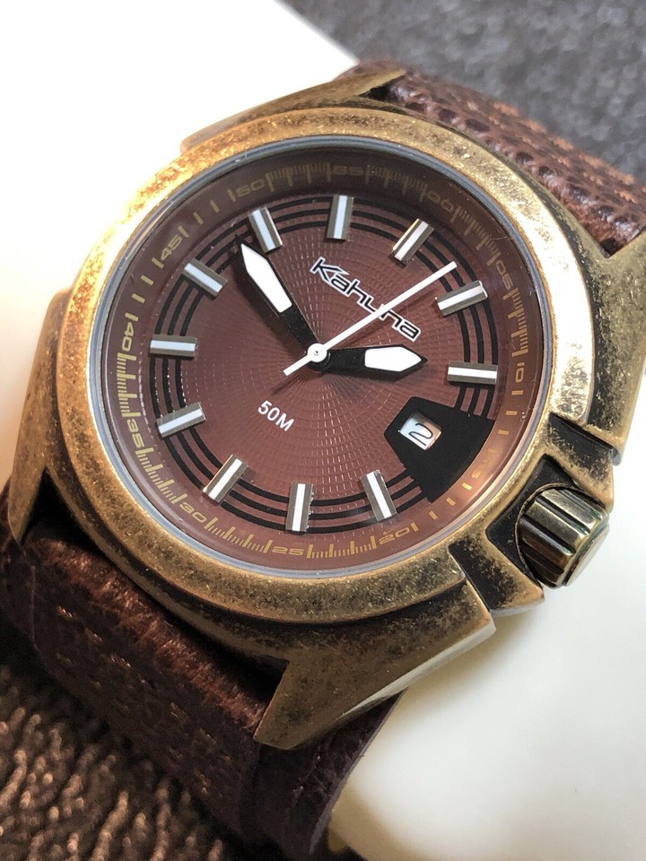 Kahuna Men’s WR50M Watch Retro Style Leather Cuff Band Bronze Patina ...