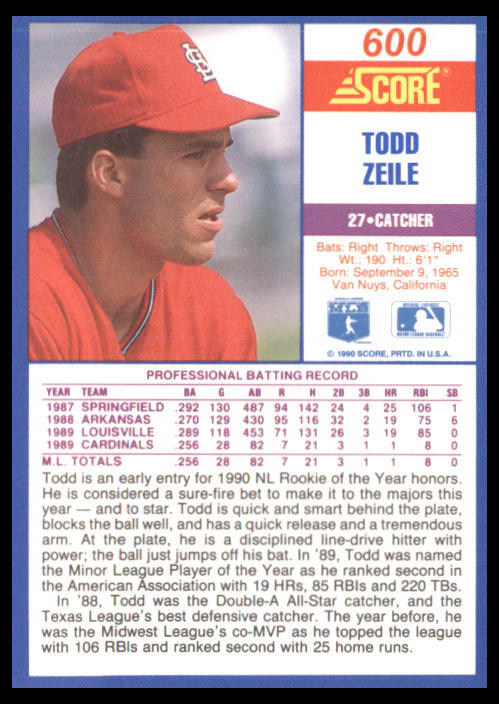 1990 Score #600 Todd Zeile St. Louis Cardinals Baseball Card | eBay