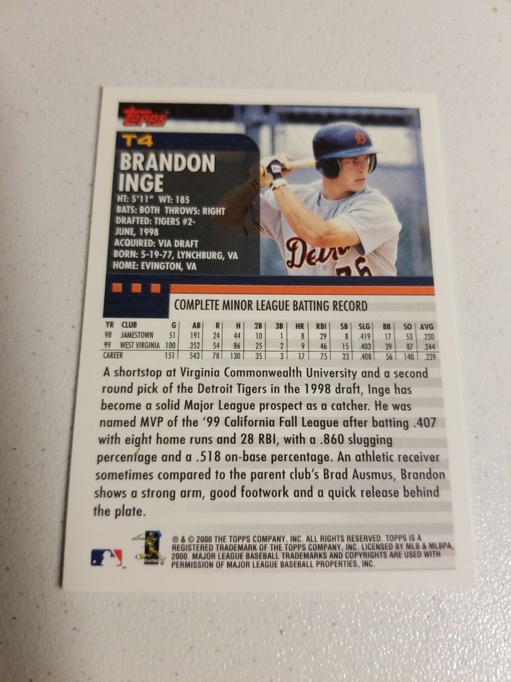 2000 TOPPS TRADED ROOKIE BRANDON INGE DETROIT TIGERS #T4 | eBay
