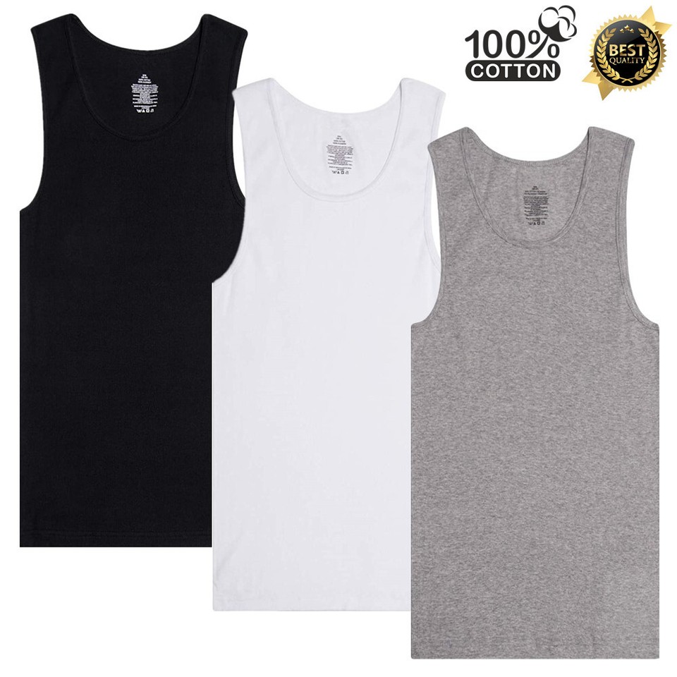 3-12 Pack Men 100% Cotton Tagless Ribbed Tank Top A-Shirt Wife Beater ...