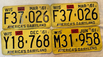 1961 Wisconsin LOT of 4 License Plates-Yellow/Black (singles and ...