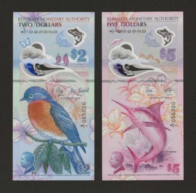 BERMUDA $2 & $5 Dollars 2024, P-63a; 64a New Polymer Banknotes, A/1 ...