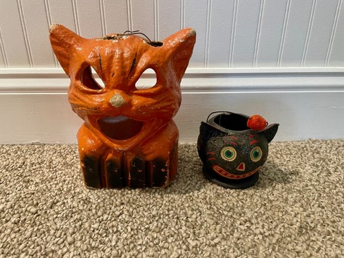Vintage Halloween Paper Mache Screaming Cat On Fence & Black Cat | eBay