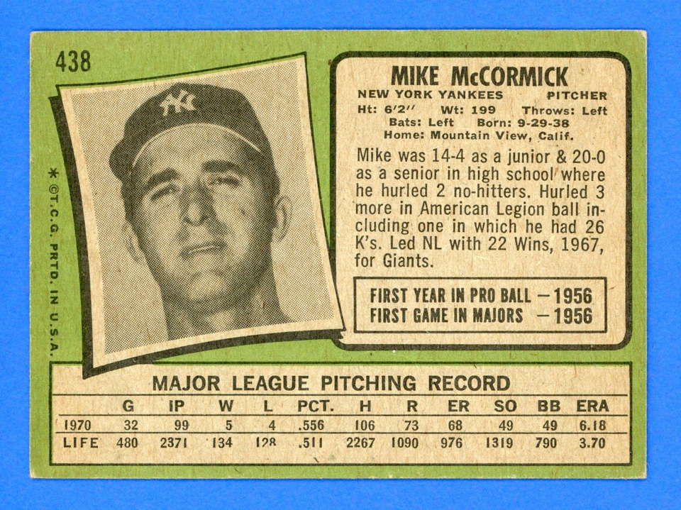 1971 Topps #438 Mike McCormick VG Very Good New York Yankees | eBay