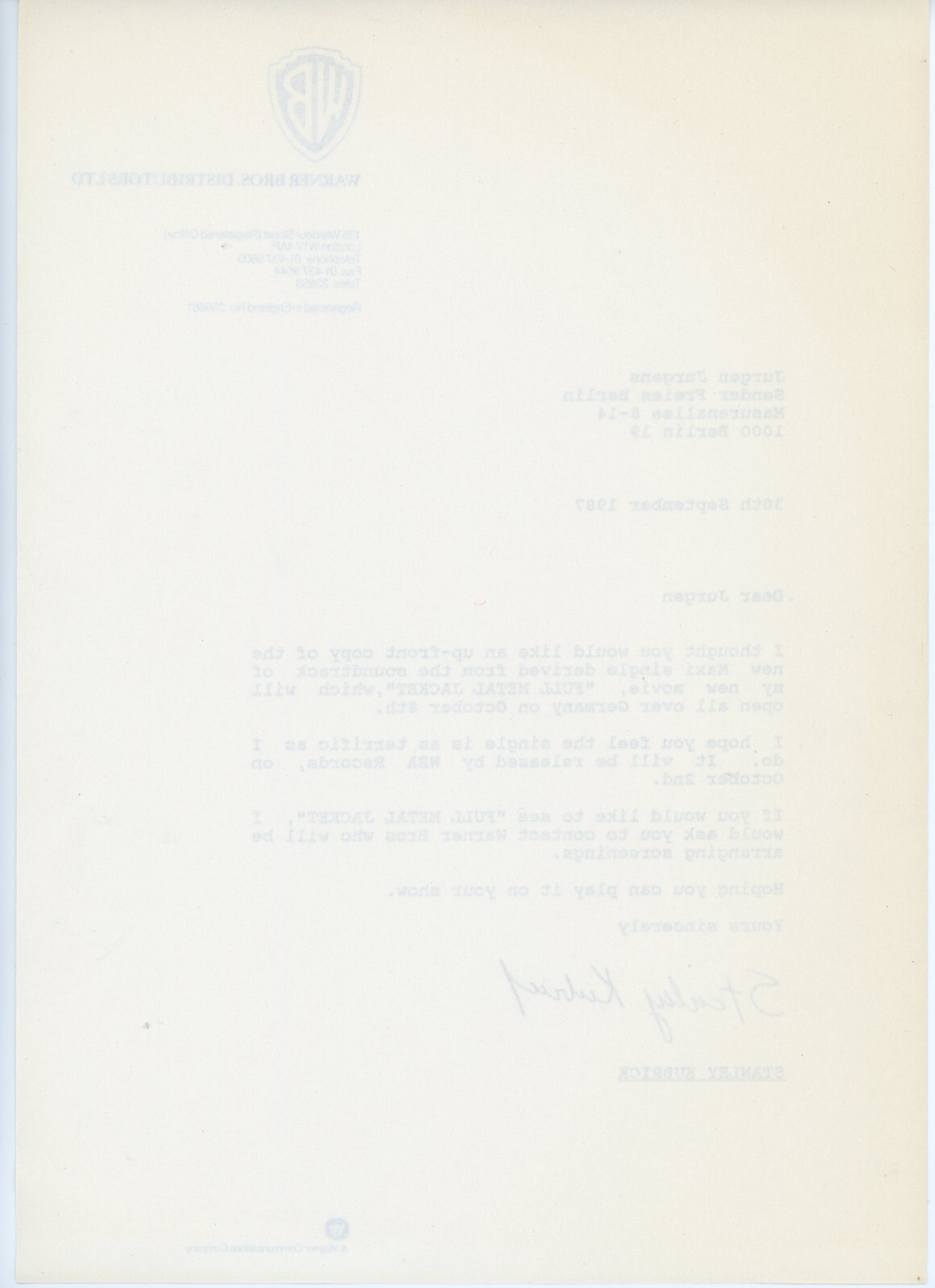 Stanley Kubrick ~ Signed Autographed Full Metal Jacket Letter + Vinyl ...