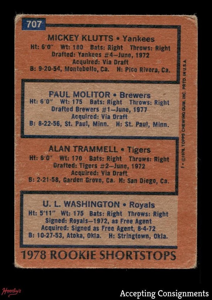 1978 Topps #707 Rookie Shortstop Alan Trammell RC / Paul Molitor RC GD ...