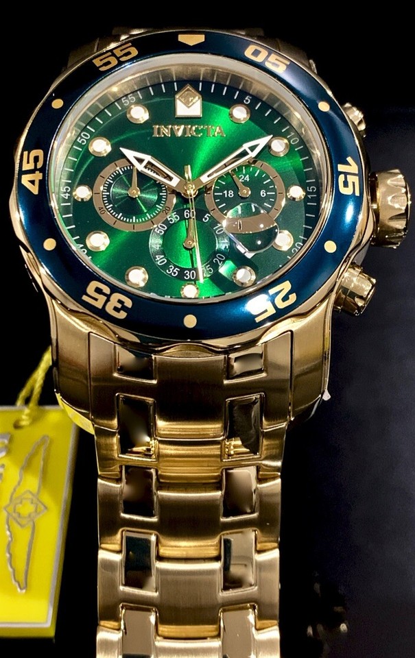 Invicta Mens Pro Diver Scuba Chronograph Green Dial 18Kt Gold Plated ...