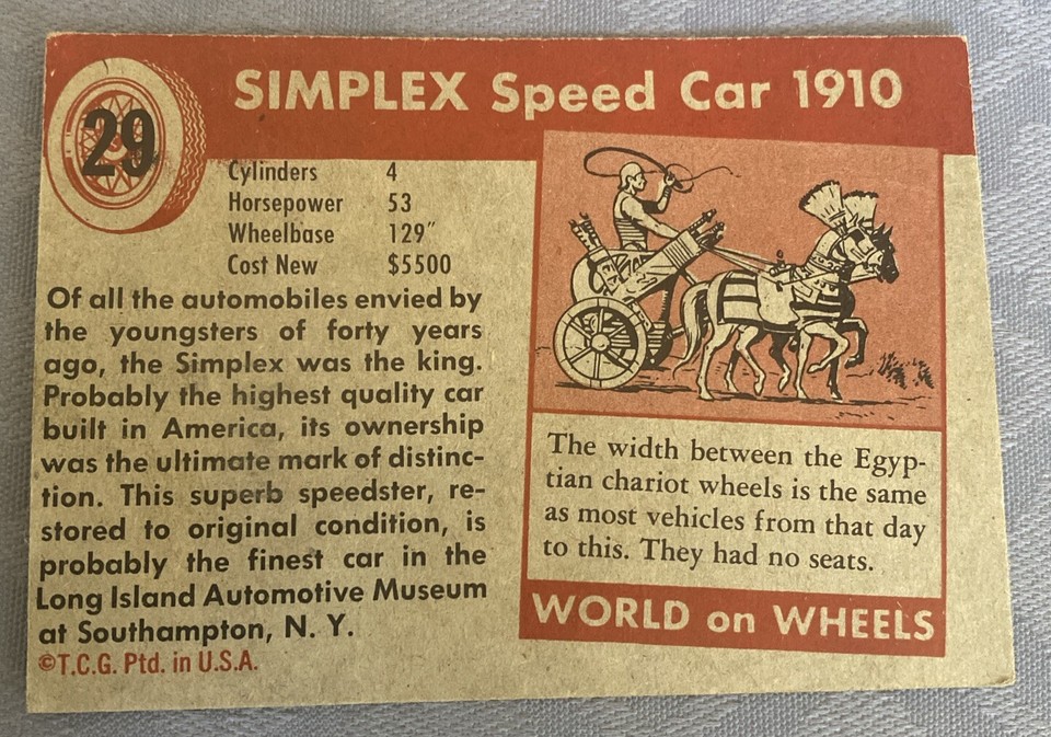 1954 Topps World on Wheels #29 Simplex 1910 Speed Car EX | eBay
