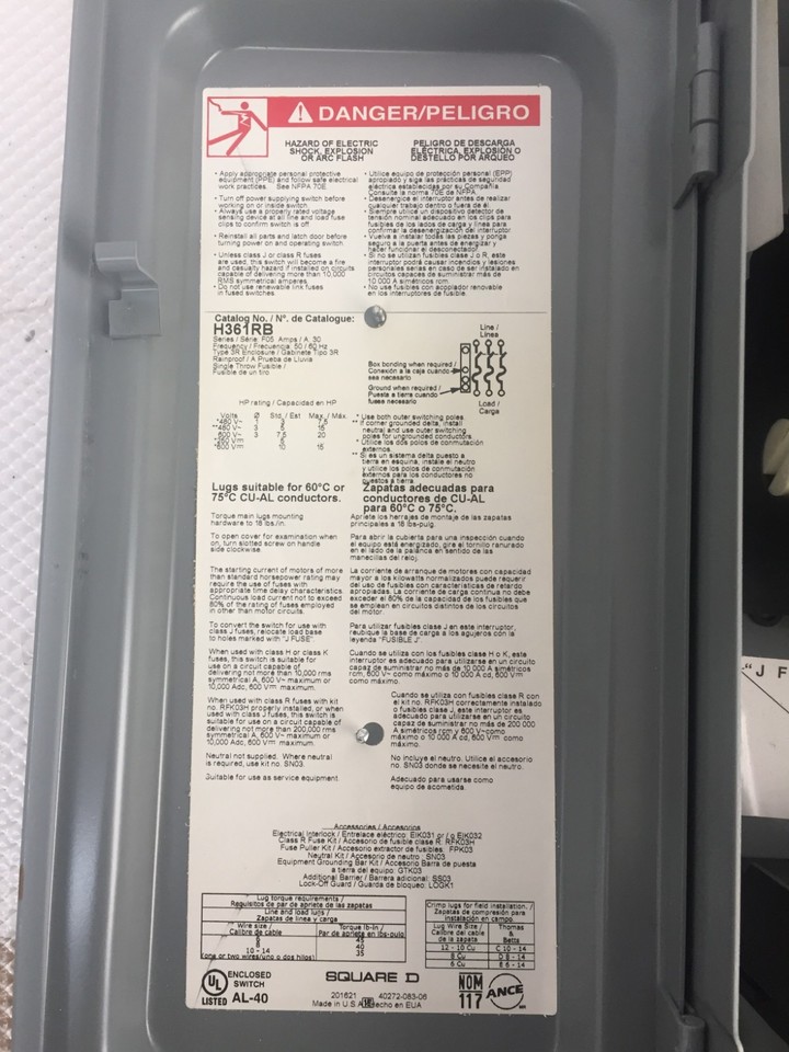 SQUARE D H361RB 30 AMP 600 VOLT 3 PHASE FUSIBLE OUTDOOR DISCONNECT..D ...