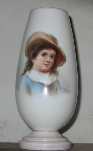 ANTIQUE BACCARAT OPALINE GLASS VASE JOSEF AHNE HP CAMEO PORTRAIT SIGNED ...