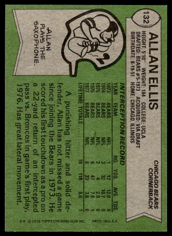 1978 TOPPS ALLAN ELLIS CHICAGO BEARS #132 | eBay