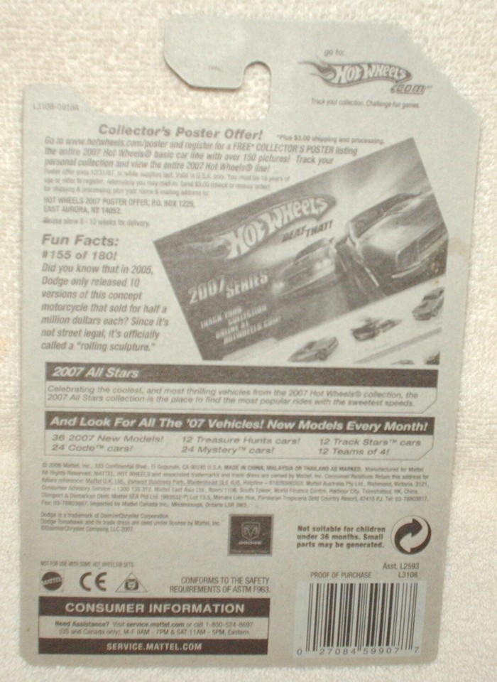 Hot Wheels 2007 Hot Wheels Stars Dodge Tomahawk black ex.card,i combine ...