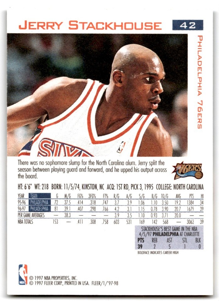 1996-97 Topps Jerry Stackhouse Philadelphia 76ers #42 | eBay