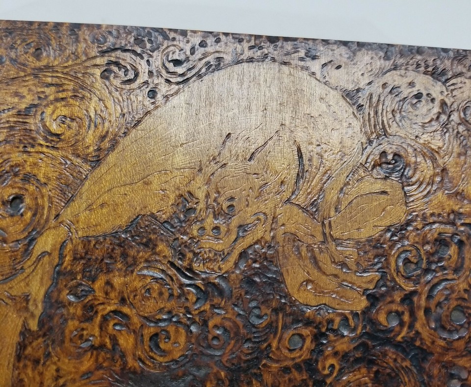 Antique Pyrography Signed Japanese Aesthetic Painting Demon Oni Wood ...