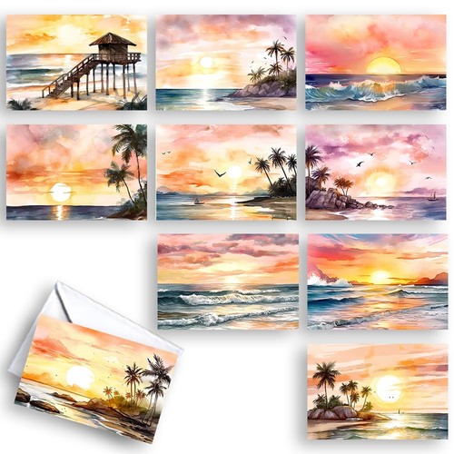 Watercolor Beach Sunset All-Occasion Blank Note Greeting Cards | 20 ...