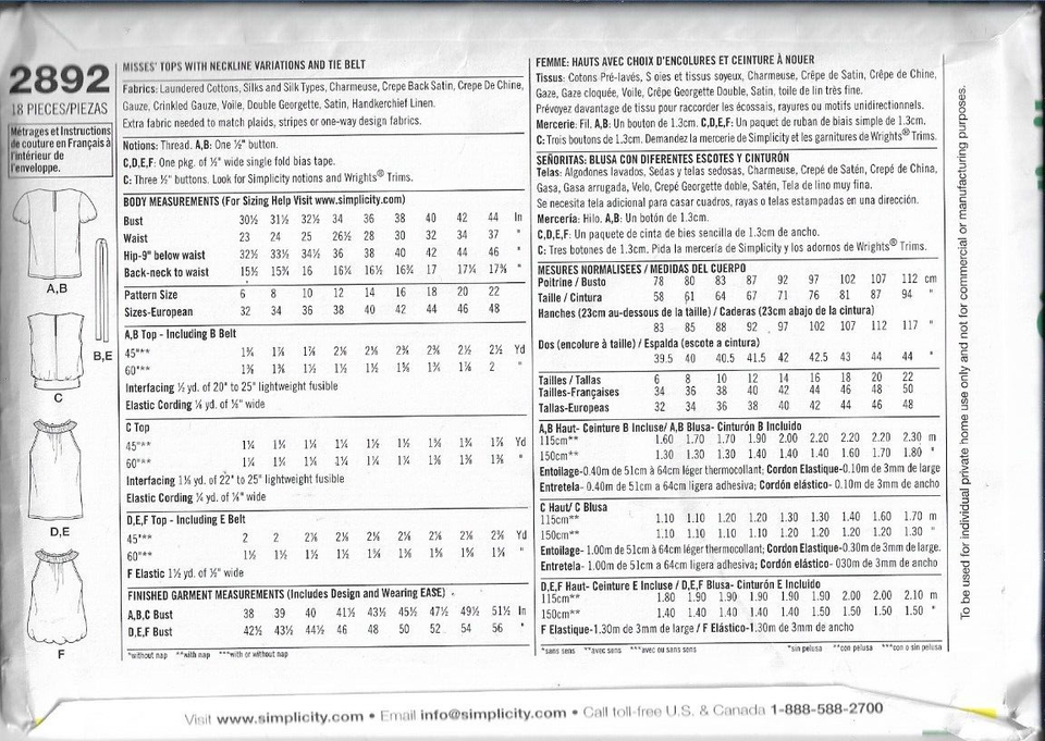 Simplicity Pattern 2892, 6 Easy Tops - Misses Size H5 (6 - 14) - Uncut ...