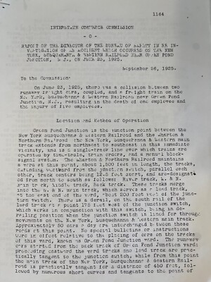 1925 Copy Interstate Commerce Commission Collision Report Runaway ...