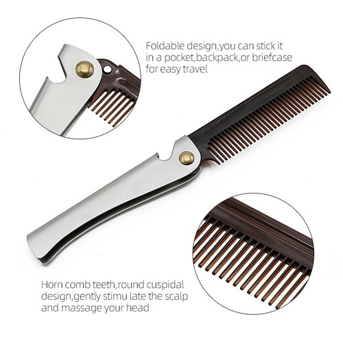 Men's Folding Pocket Hair Comb Stainless Steel Plastic Fine Tooth Beard ...