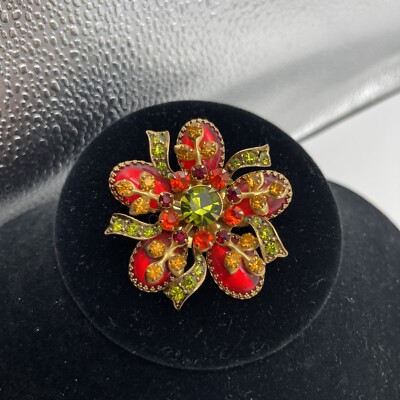 Vintage Selini Brooch Cabochon Flower Rhinestone Green Red Amber ...