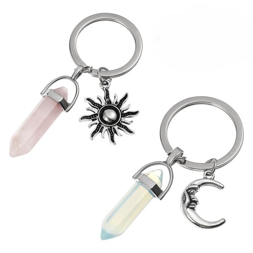2 Pcs Moon Pendant Keychains Sun Key Rings with Hexagonal Crystal Stone ...